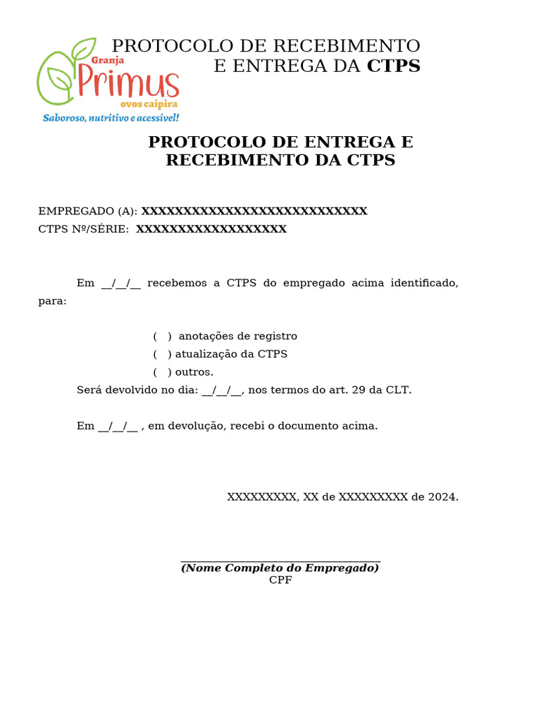 Protocolo Recebimento Entrega CTPS | PDF