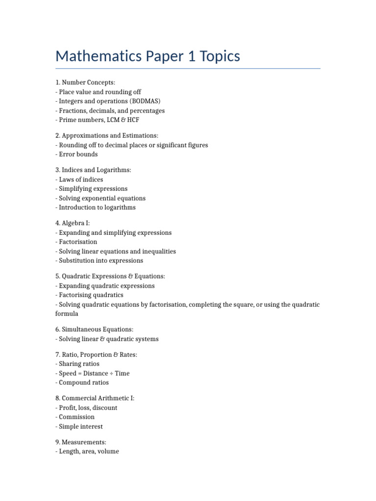 Mathematics Paper 1 Topic Overview | PDF