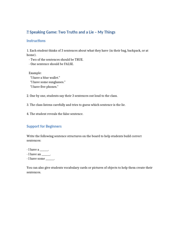 Speaking Game Two Truths and A Lie | PDF