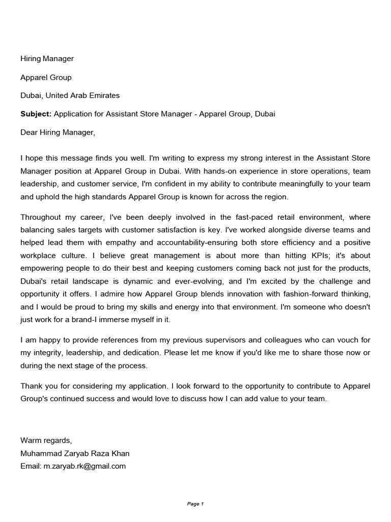 Cover Letter Assistant Store Manager Apparel Group | PDF