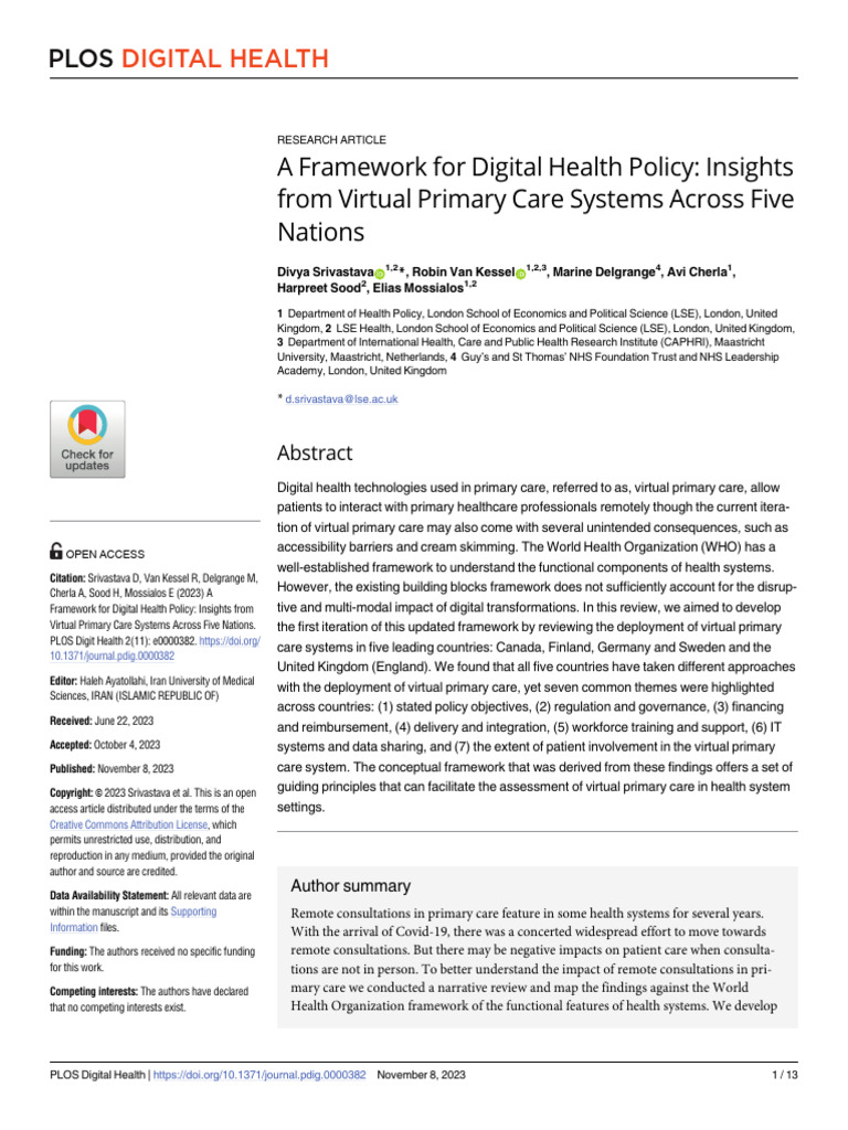 A Framework For Digital Health Policy Insights From Virtual Primary ...