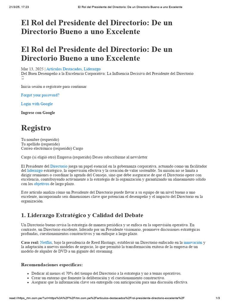 El Presidente del Directorio: Clave para la Excelencia | PDF ...