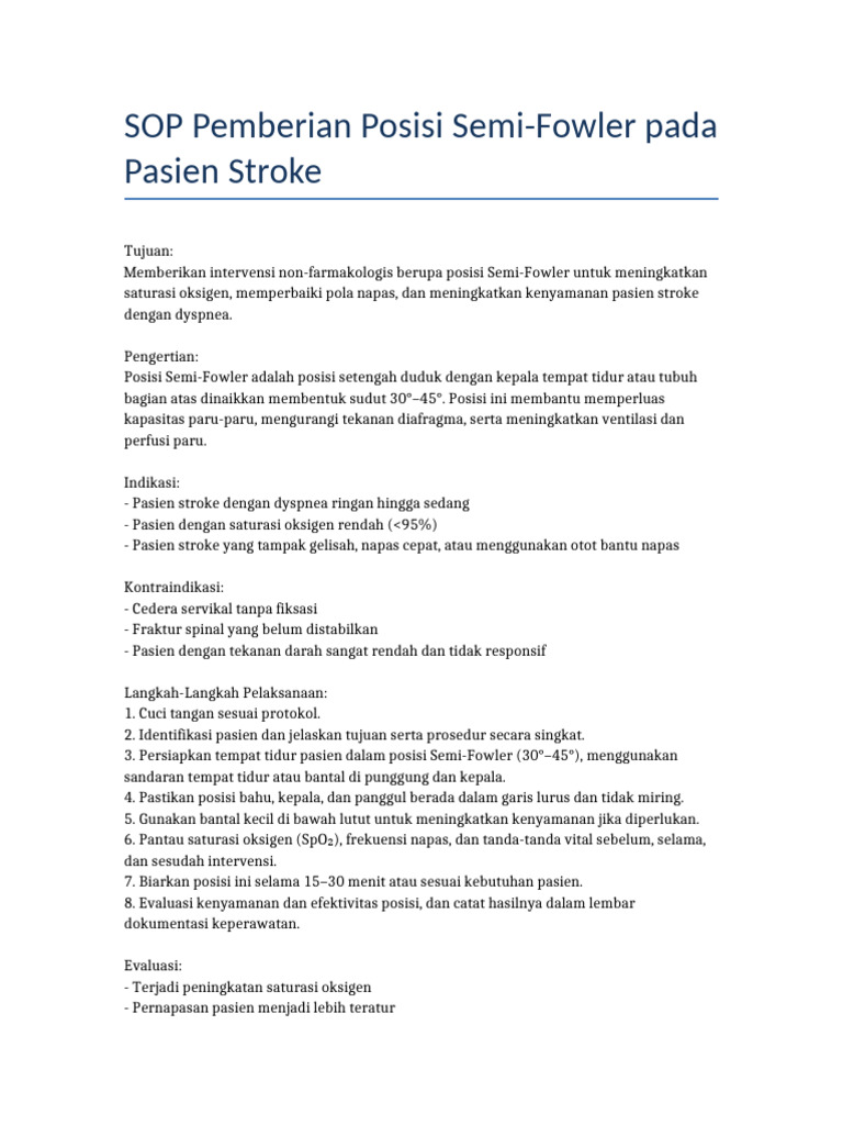 SOP Posisi Semi Fowler Pasien Stroke | PDF