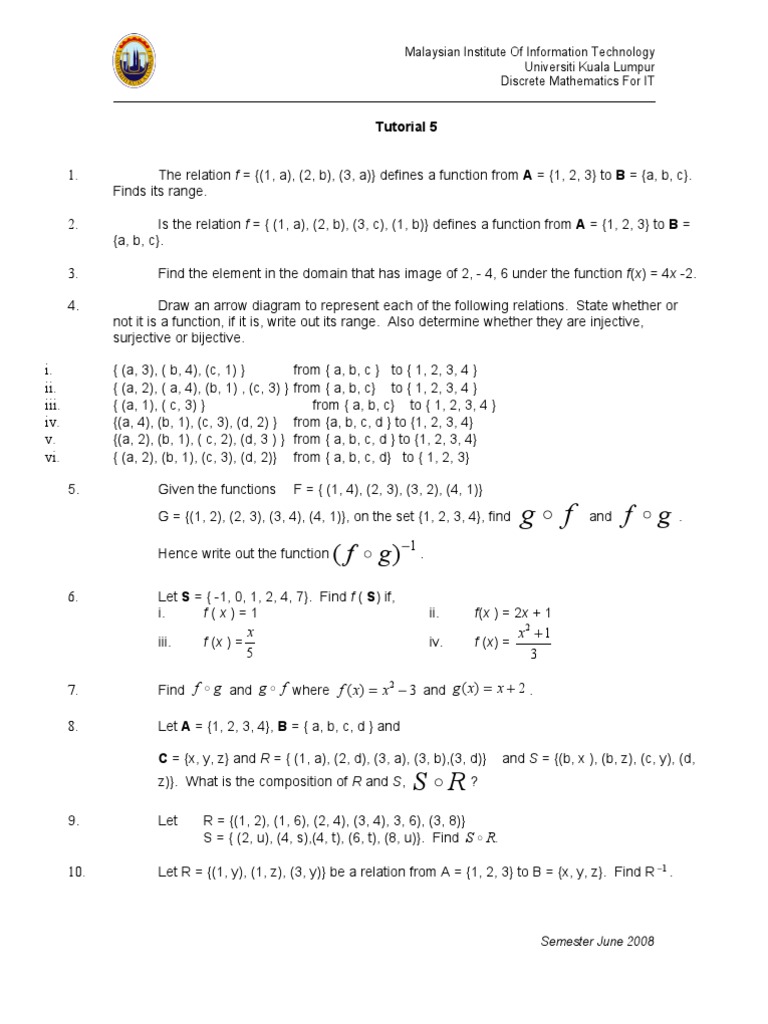 Discrete Mathematics Tutorial 5 Solutions | PDF | Function (Mathematics ...