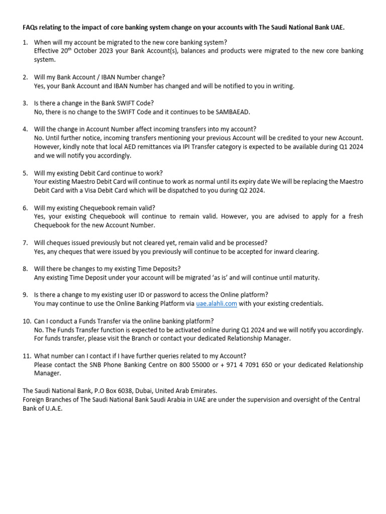 Core Banking System Changes FAQ | PDF | Debit Card | Cheque