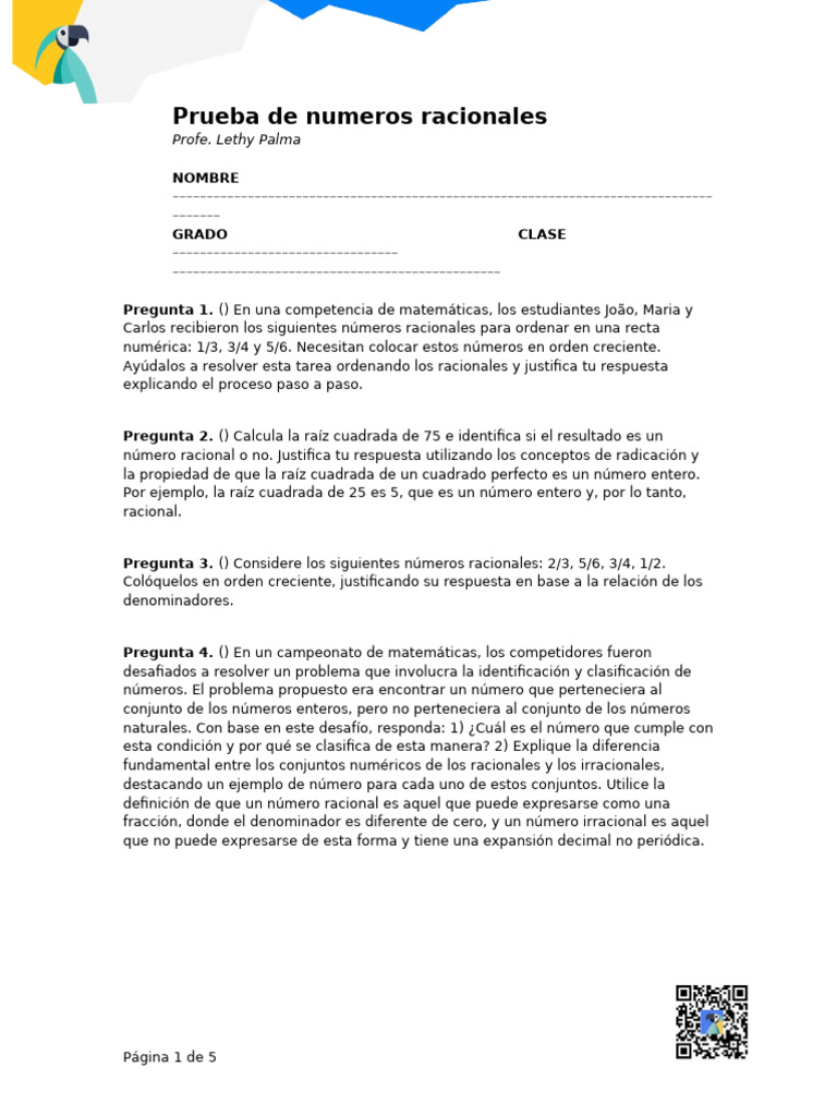 Prueba de Números Racionales y Raíces | PDF | Número racional | Entero
