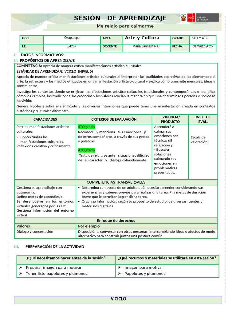 3 DE ABRIL-A Y C-Me Relajo para Calmarme - V CICLO | PDF | Aprendizaje ...