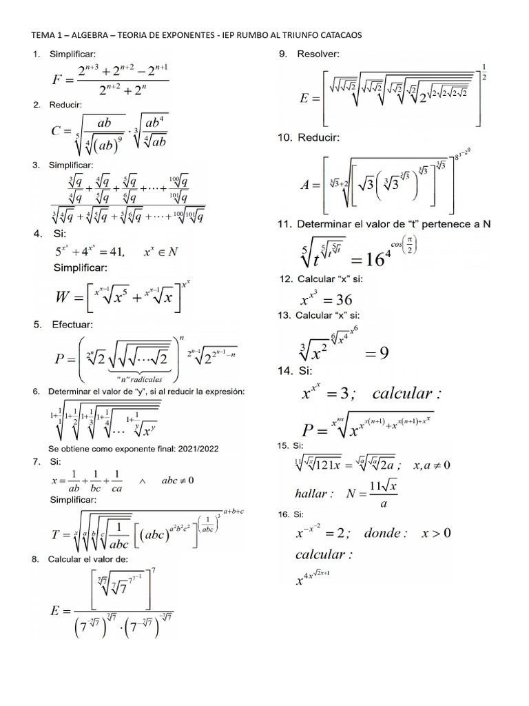 TEORIA DE EXPONENTES - Practica | PDF