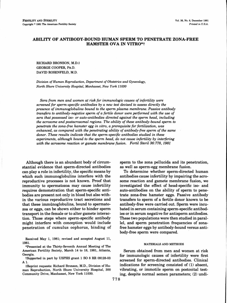 Ability of Antibody Bound Human Sperm To Penetrate Zona 1981 Fertility ...