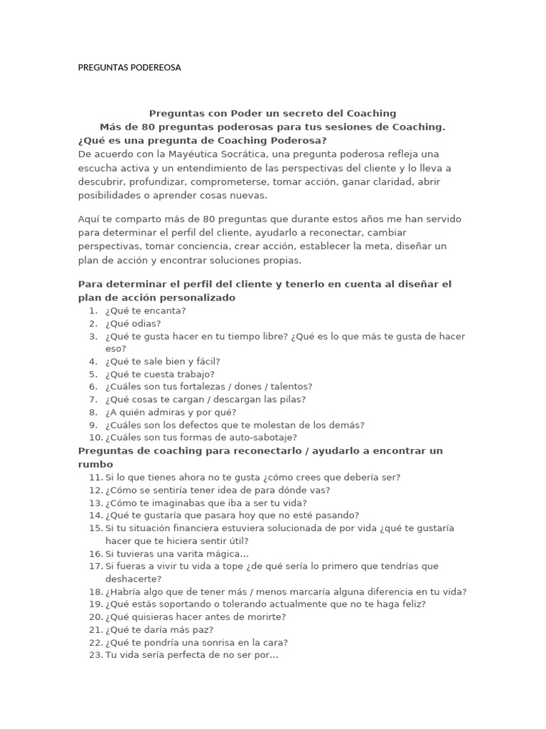 PREGUNTAS PODEROSAS DE COACHING | PDF