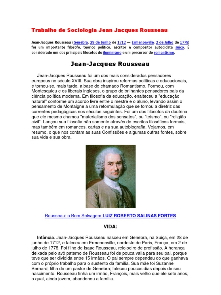 Jean-Jacques Rousseau: Um breve resumo de sua vida e obra | PDF | Jean ...