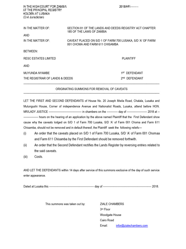 Caveat Removal Application in Zambia | PDF | Affidavit | Judiciaries
