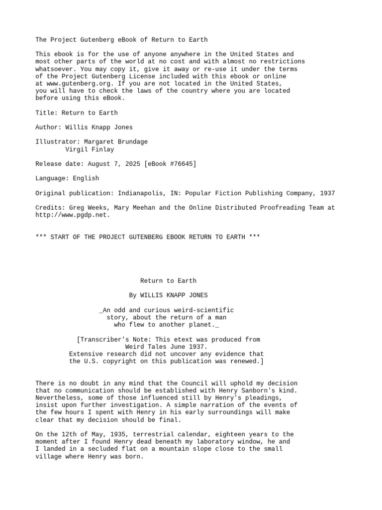 Return To Earth | PDF | Project Gutenberg | Copyright