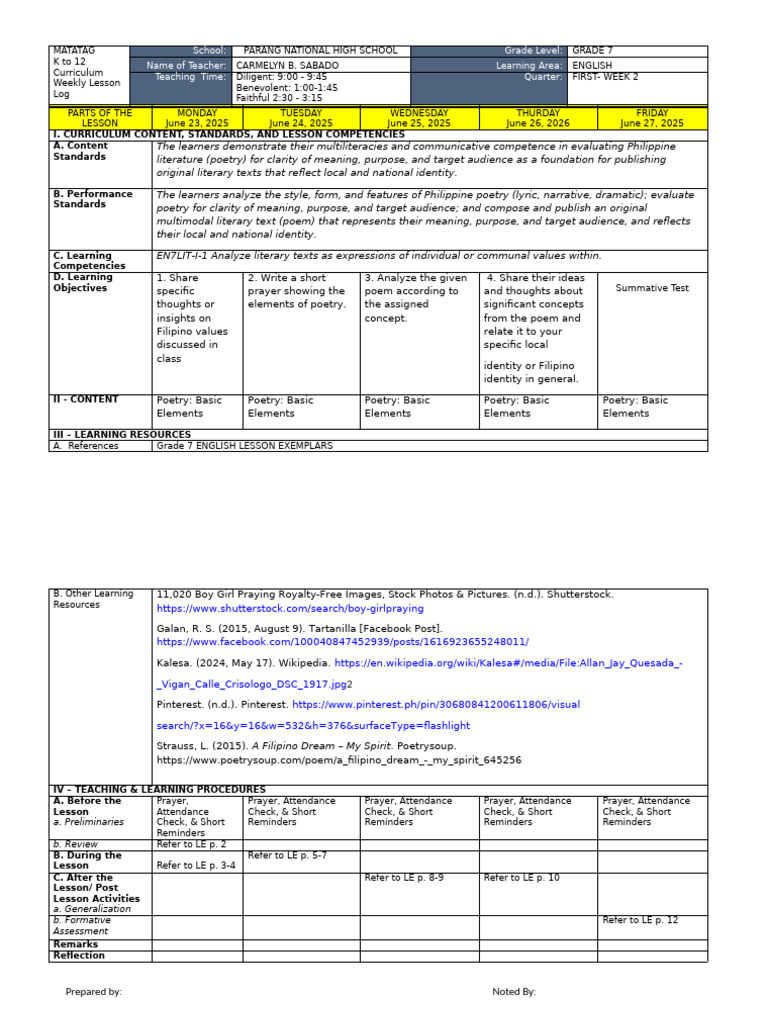 MATATAG.Lesson Log Q1W2 | PDF | Curriculum | Human Communication
