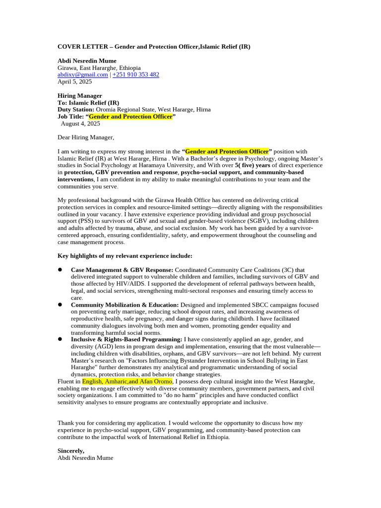 Cover Letter - Islamic Relief | PDF | Social Policy | Social Psychology