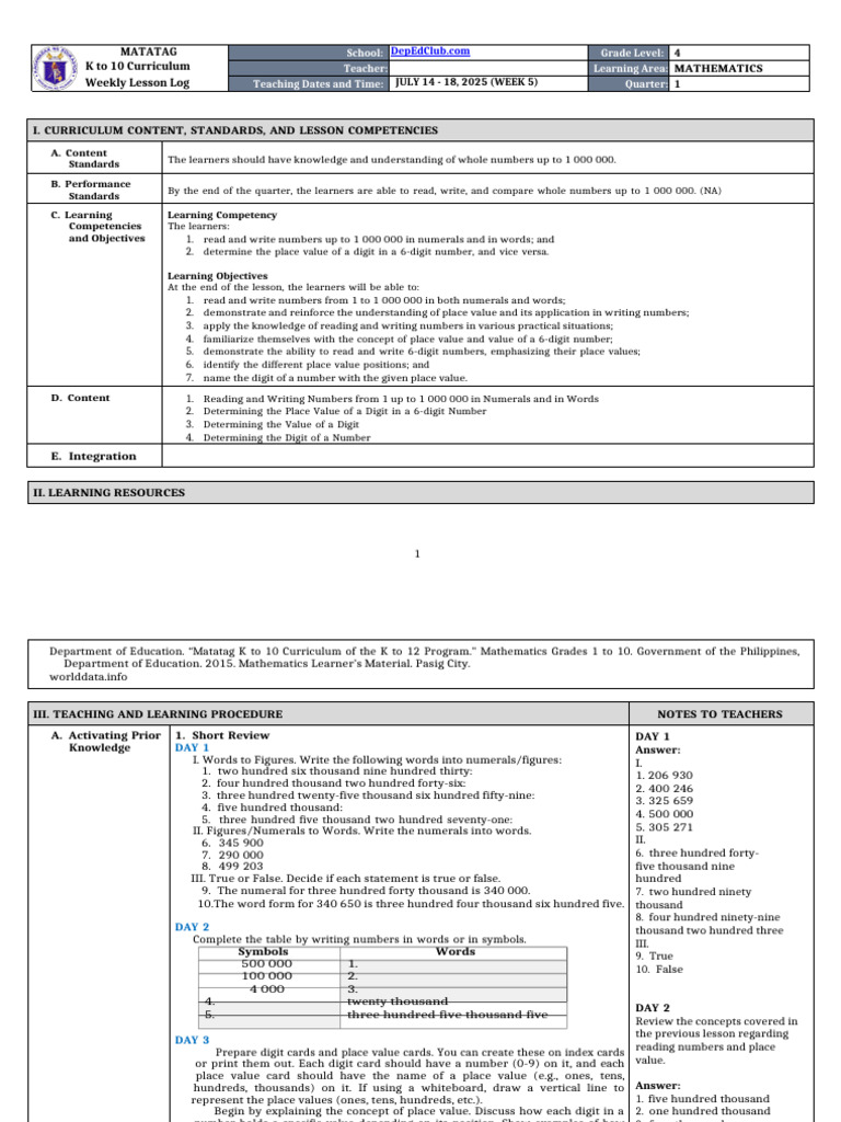 DLL Matatag - Math 4 q1 w5 | PDF | Curriculum | Numbers