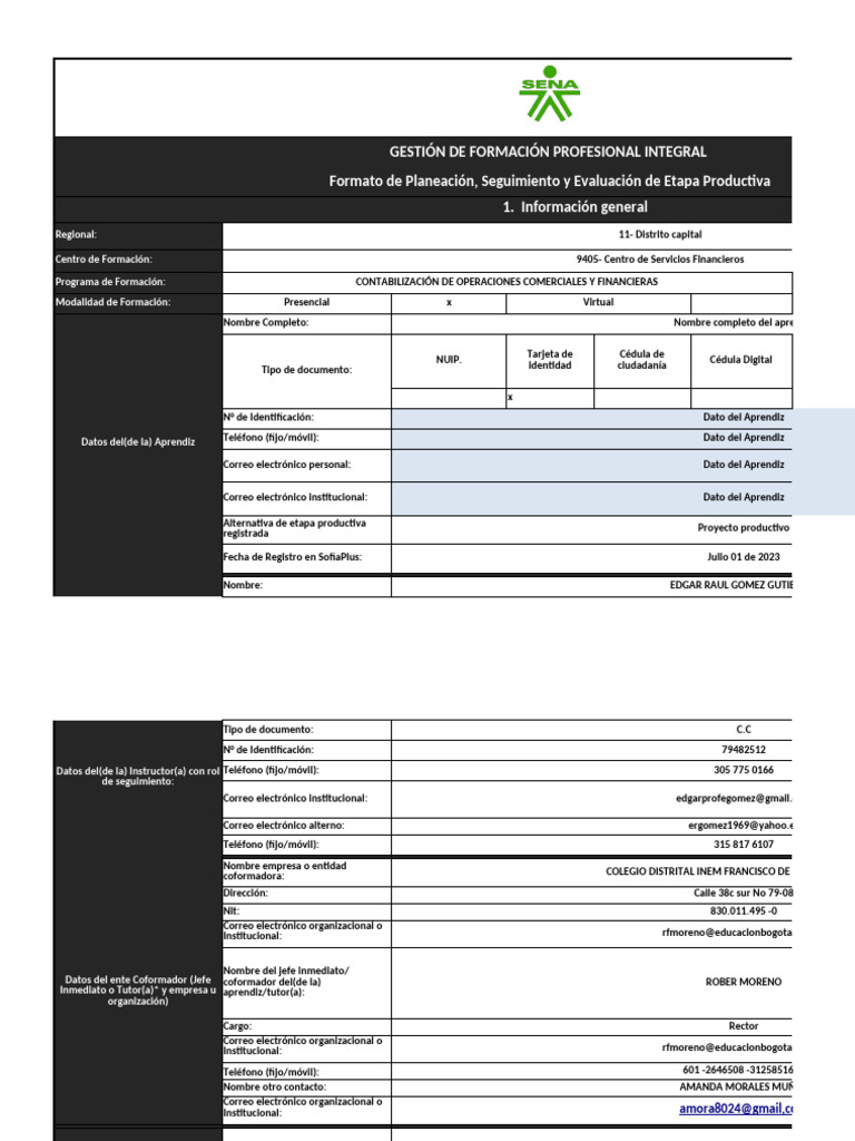 GFPI F 023V5FormatoPlaneacionSeguimientoyEvaluacionEtapaProductiva V5 Final INEM GRADO 11 | PDF ...