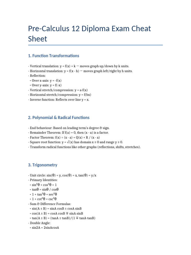 Pre-Calculus 12 Cheat Sheet | PDF