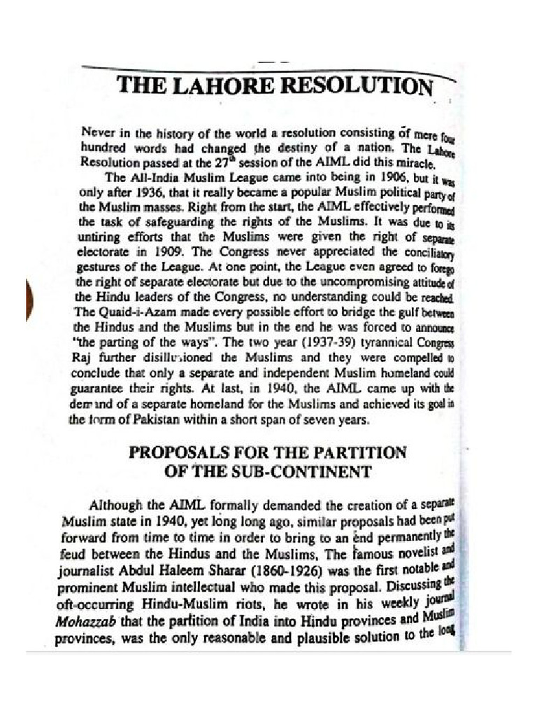 The Lahore Resolution | PDF