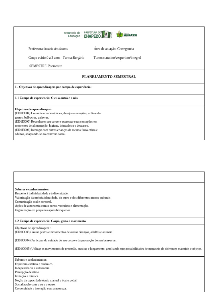 Cópia de PLANEJAMENTO SEMESTRAL - EM BRANCO | PDF | Aprendizado | Tempo