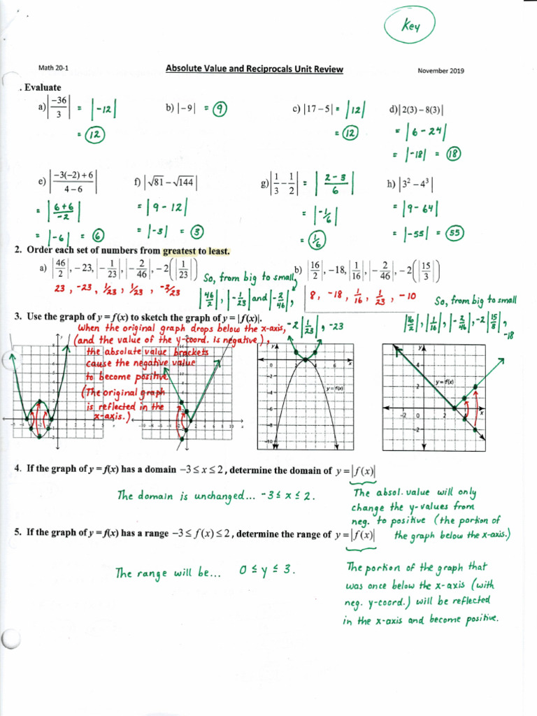 Ch. 7 Absolute Values and Reciprocals - Rev KEY | PDF