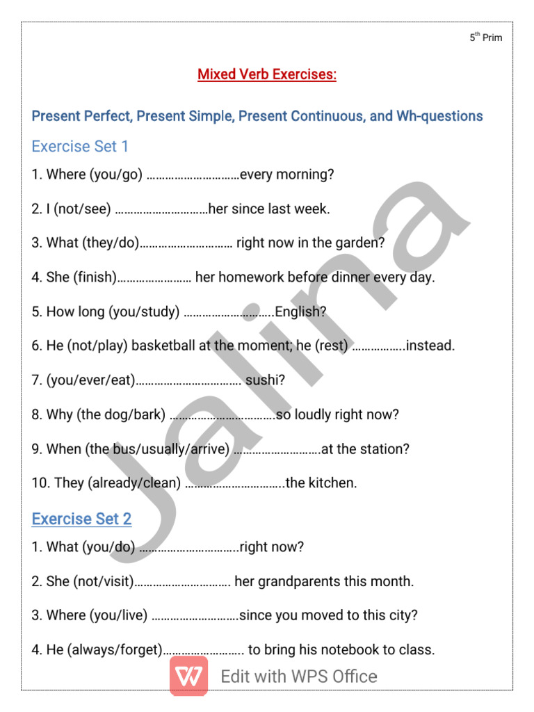 Mixed Verb Exercises 5th Prim | PDF