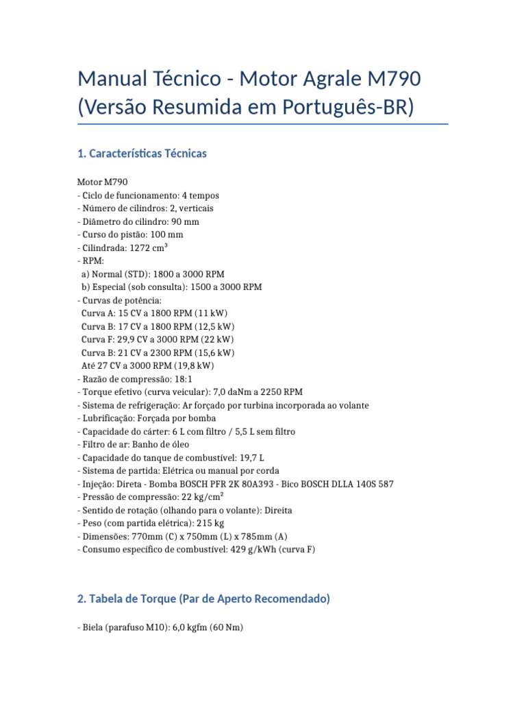 Ficha Técnica do Motor Agrale M790 | PDF