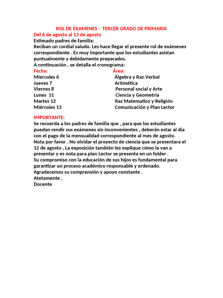 ROL DE EXAMENES Tercer Grado | PDF