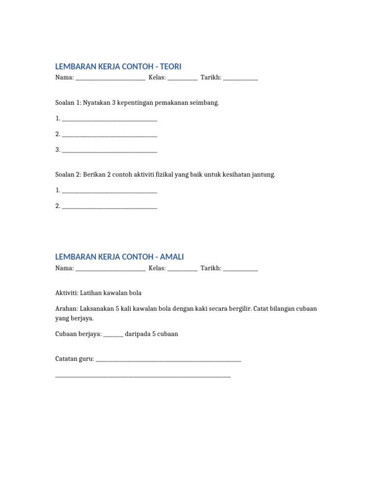 Lembaran Kerja Contoh PJK | PDF