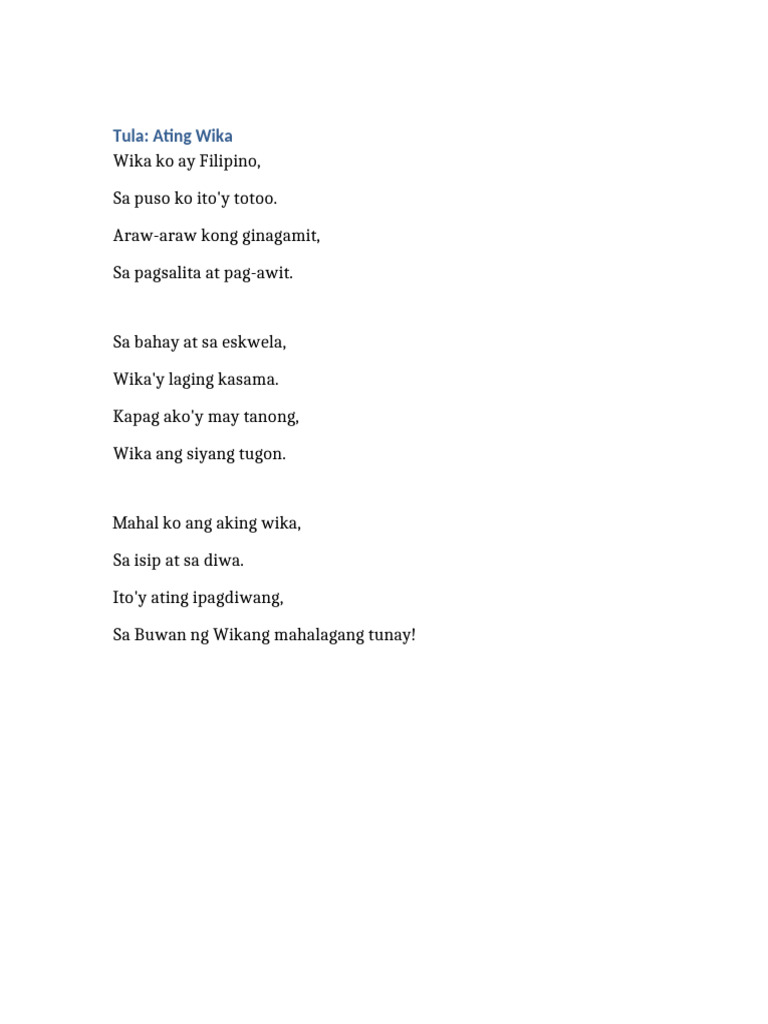 Tula Para Sa Baitang 1 Buwan Ng Wika | PDF