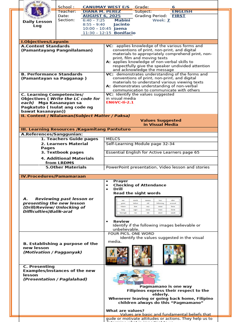 Q1 Week 6 English 6 August 7 Values Suggested in Visual Meedia | PDF ...
