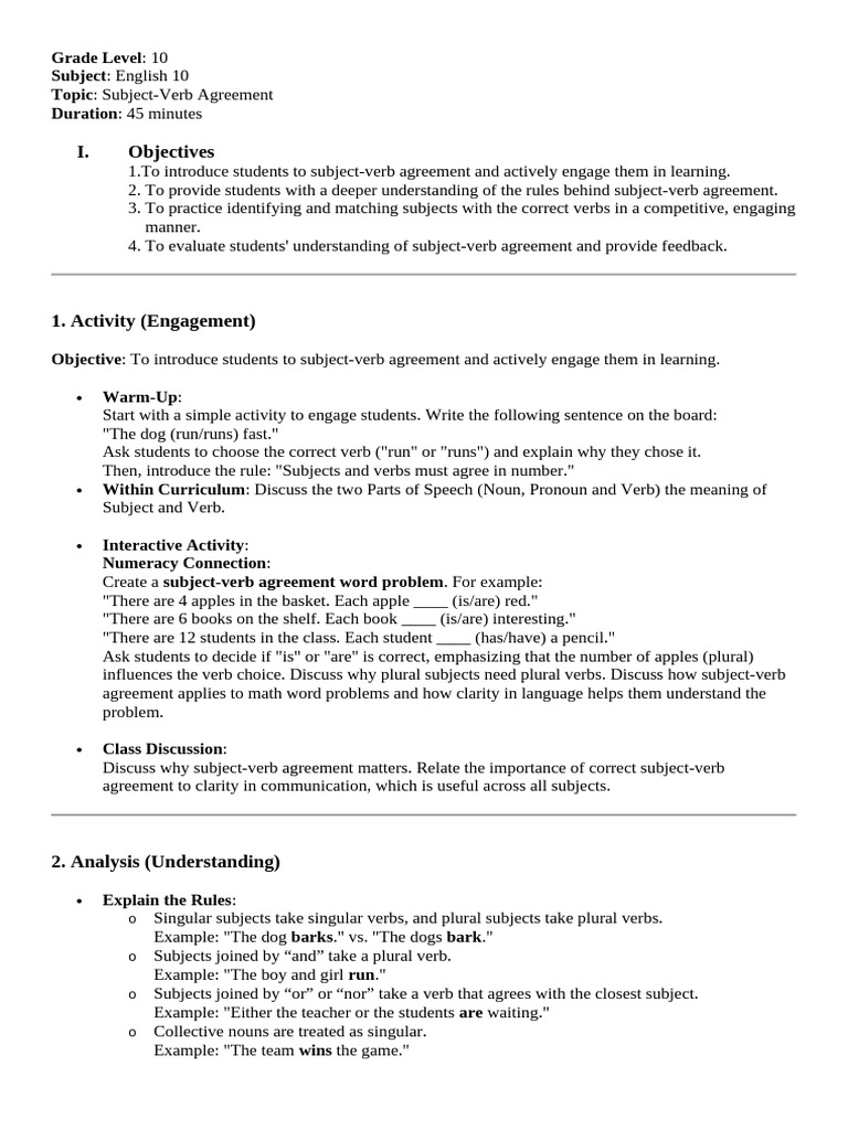 Subject-Verb Agreement Lesson Plan | PDF | Subject (Grammar ...