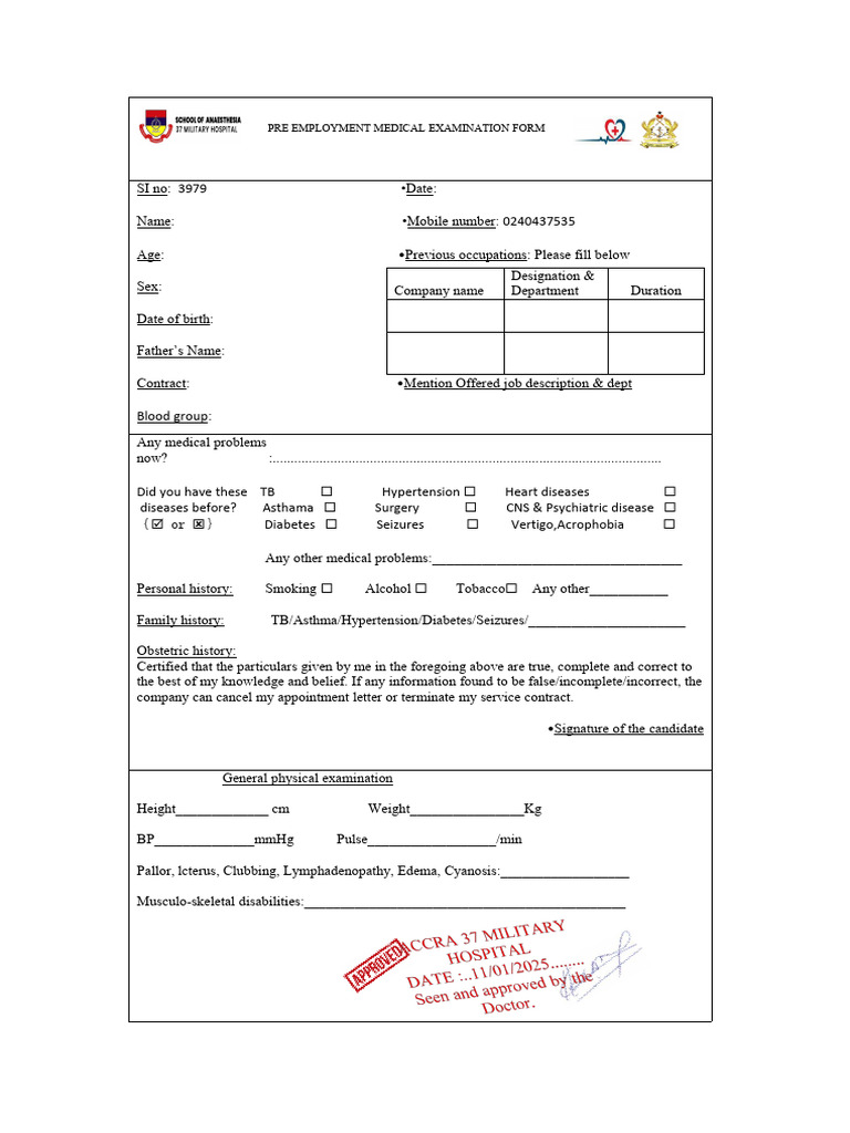 Pre Employment Medical Examination Form Mr. Kakisi Abdul-Rashid Tanga | PDF