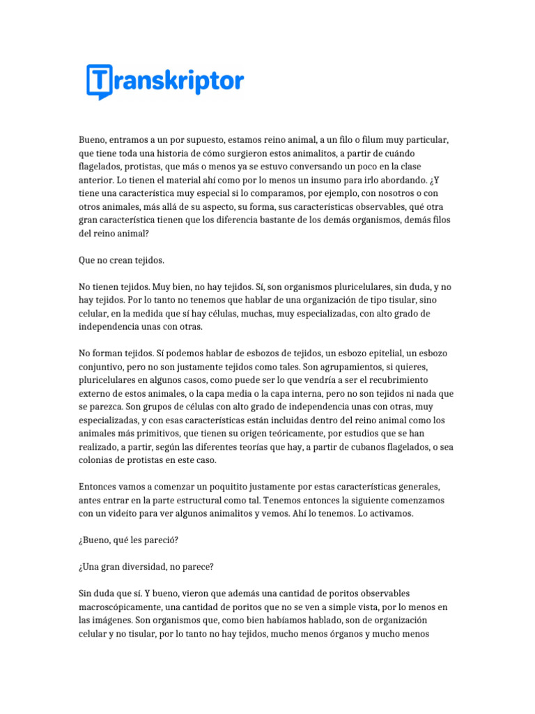 Poríferos. - Biología Animal | PDF | Esponja | Tejido (biología)