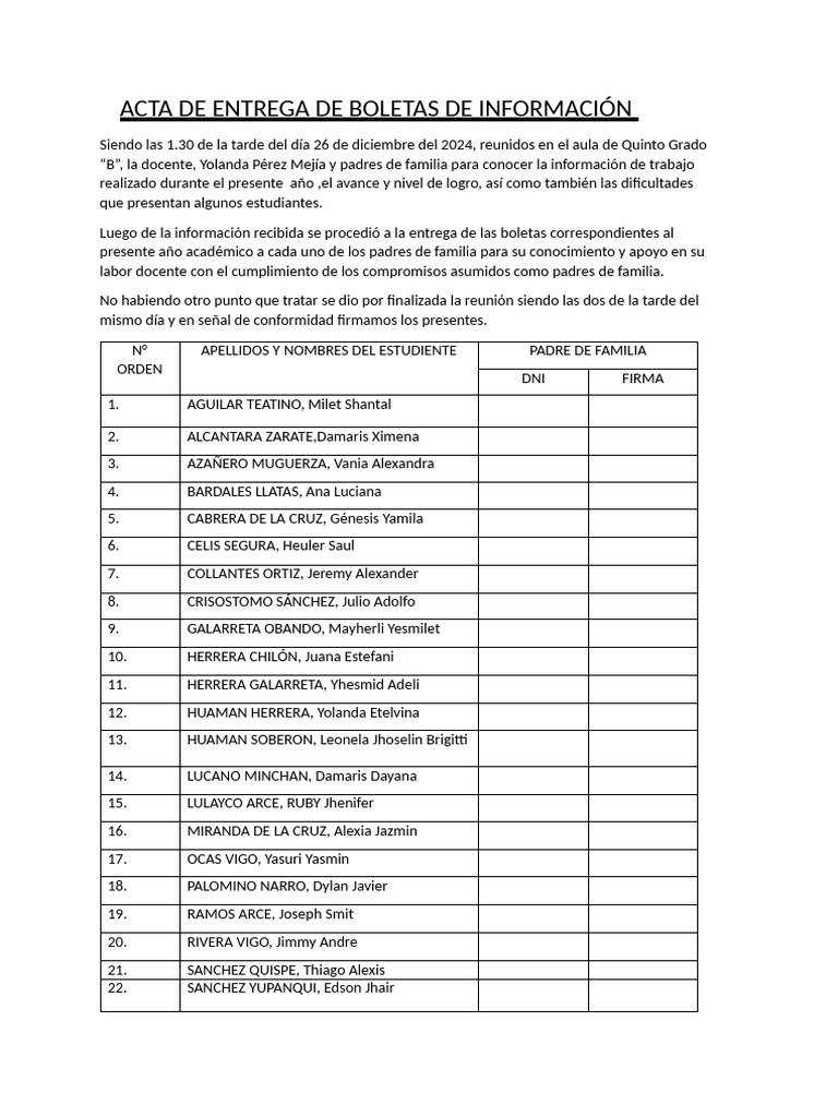 Acta de Entrega de Boletas de Información | PDF