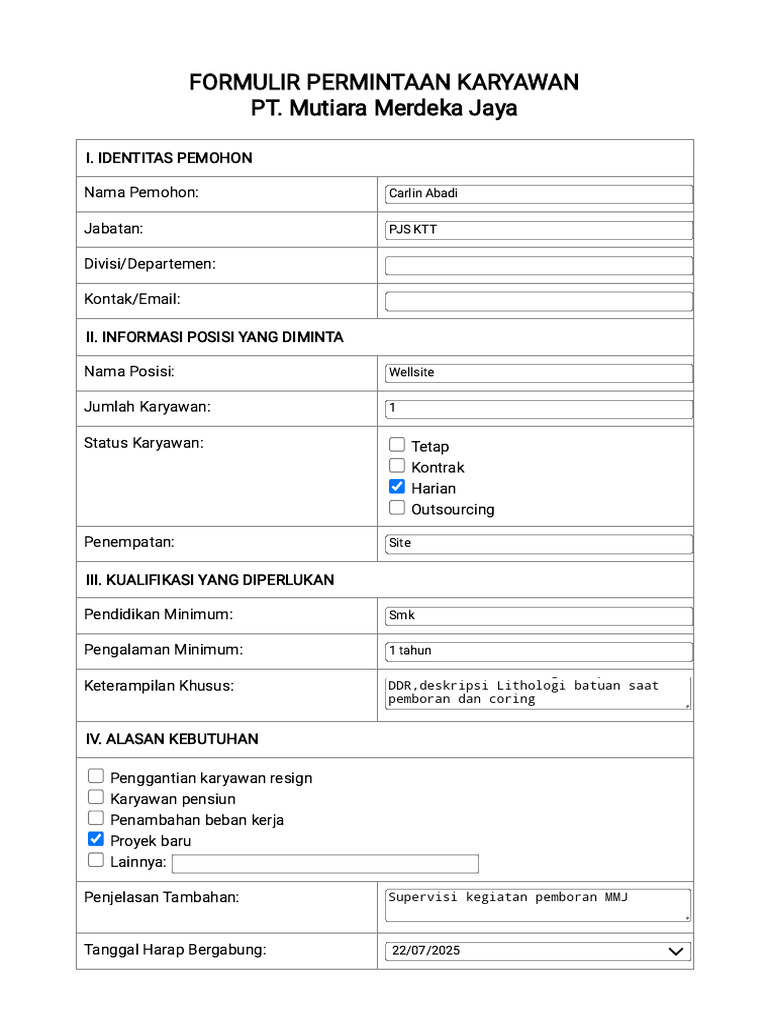 Form Permintaan Karyawan - PT. Mutiara Merdeka Jaya | PDF