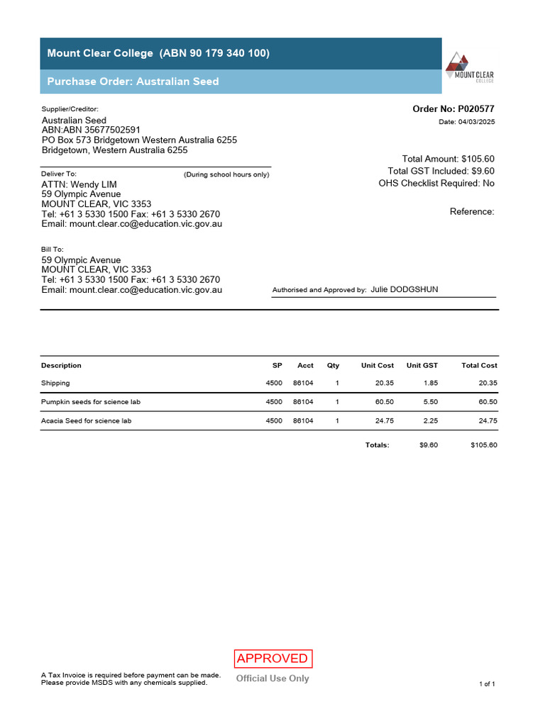 Purchase Order for Science Lab Seeds | PDF
