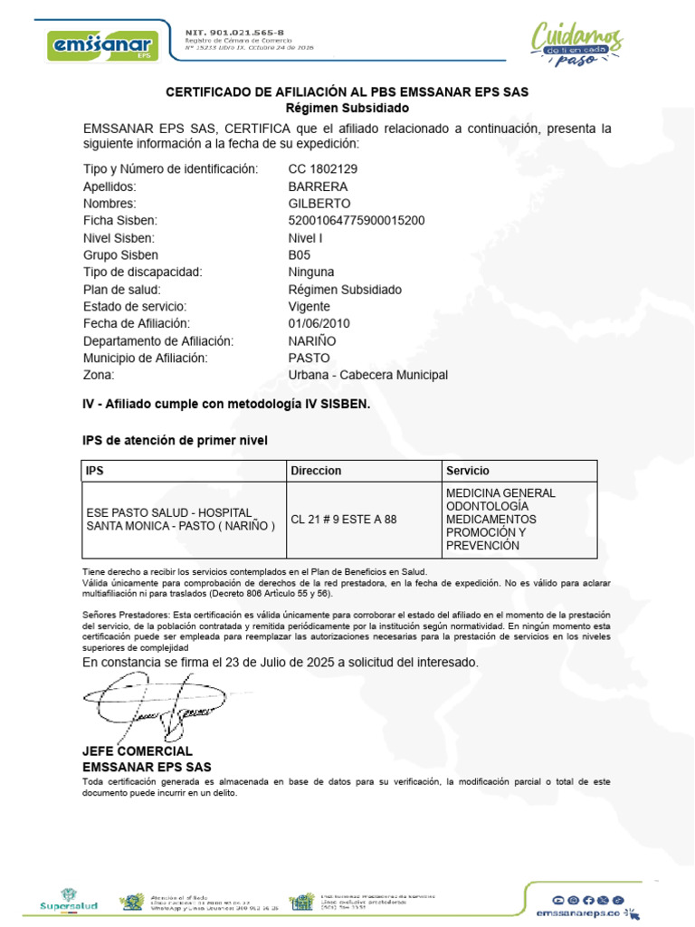 Certificado de Afiliación EMSSANAR EPS | PDF | Servicios públicos ...
