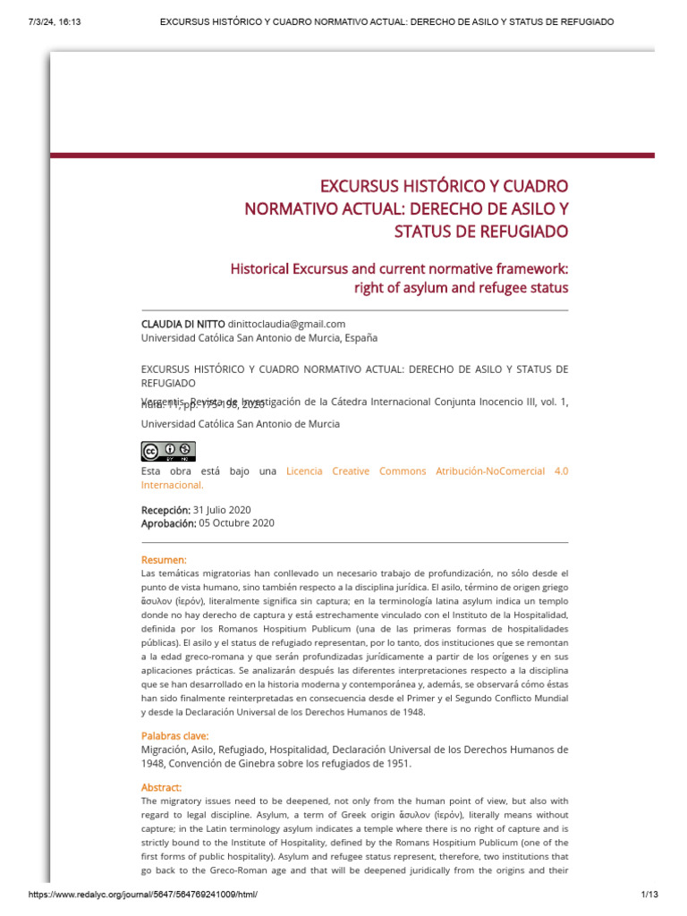 Excursus Histórico y Cuadro Normativo Actual_ Derecho de Asilo y Status de Refugiado | PDF ...