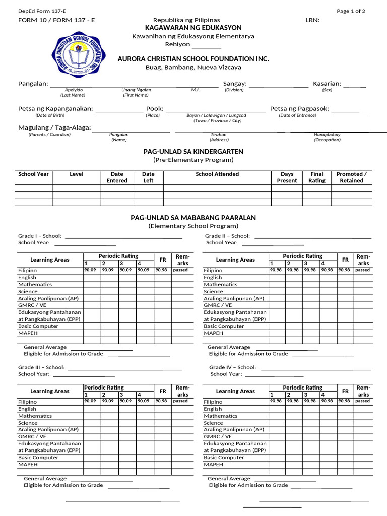 DepEd Form 137-E: Student Records | PDF | Republic | Southeast Asia