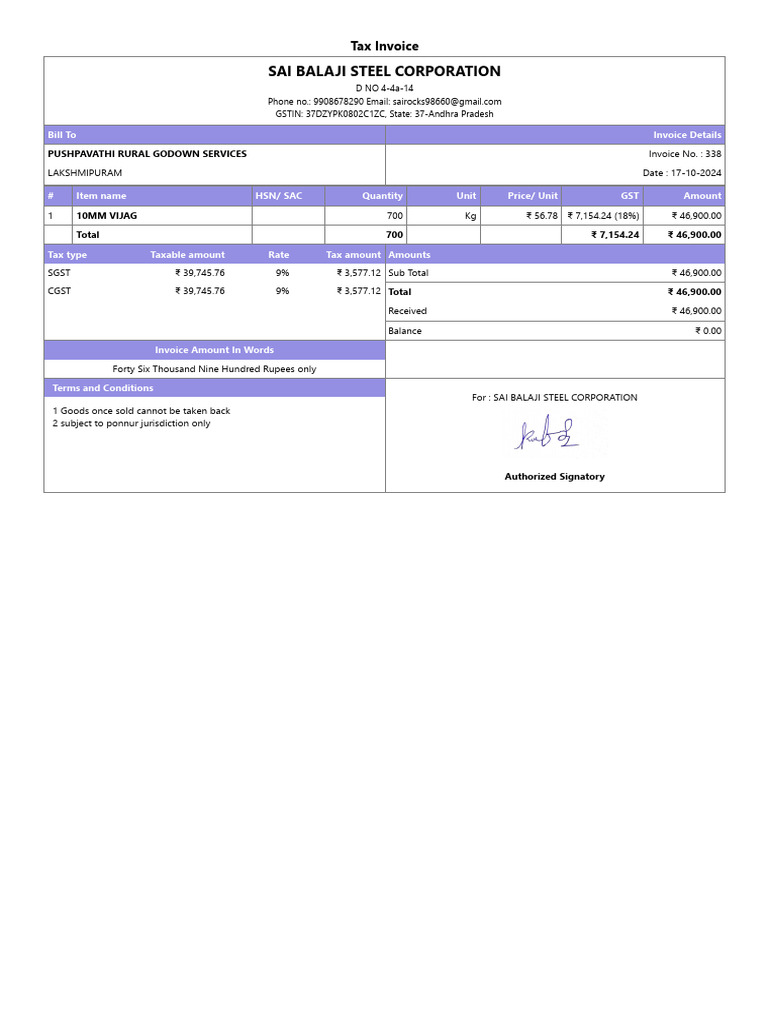 Tax Invoice for Sai Balaji Steel Corp | PDF