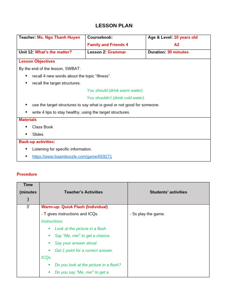 A2 Lesson Plan: Health Tips & Grammar | PDF | Learning | Human ...