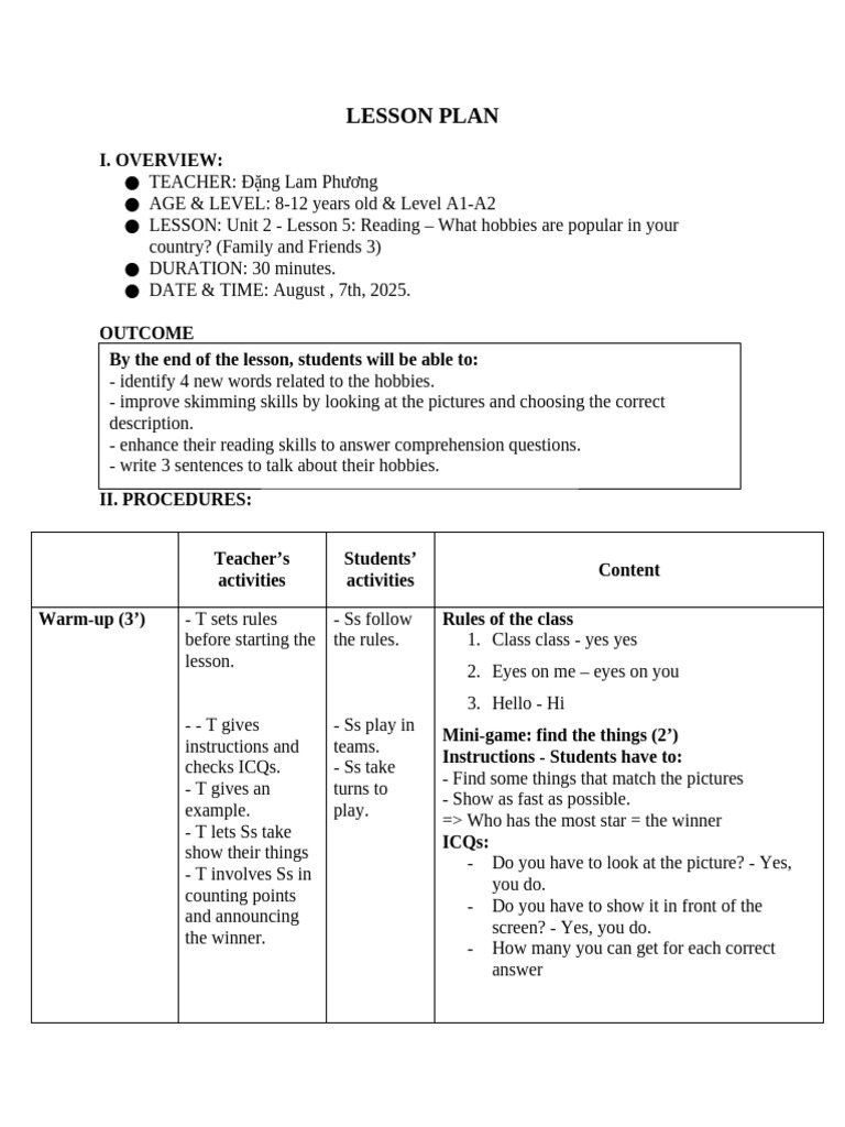 Popular Hobbies Lesson Plan A1-A2 | PDF | Human Communication | Learning