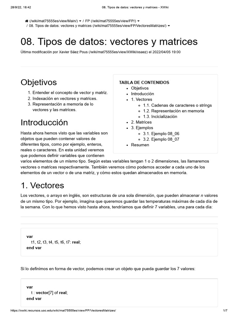 08. Tipos de Datos_ Vectores y Matrices - XWiki | PDF | Matriz (Matemáticas) | Cadena (informática)
