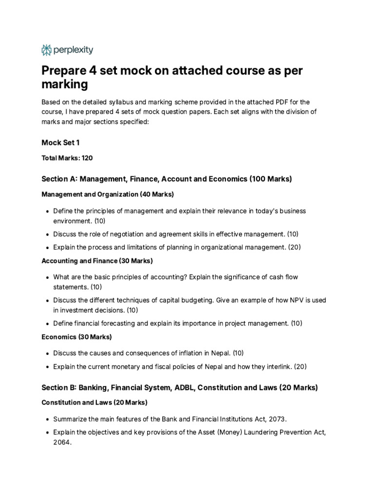 Mock Question Papers for ADBL Course | PDF | Economics | Capital Budgeting