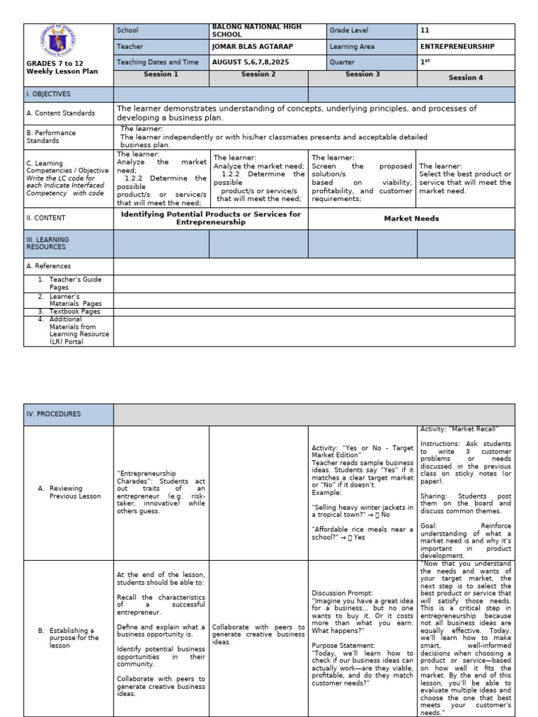 DLL - Entrep - Q1 - 2025-2026 - Week 5 | PDF | Entrepreneurship | Learning