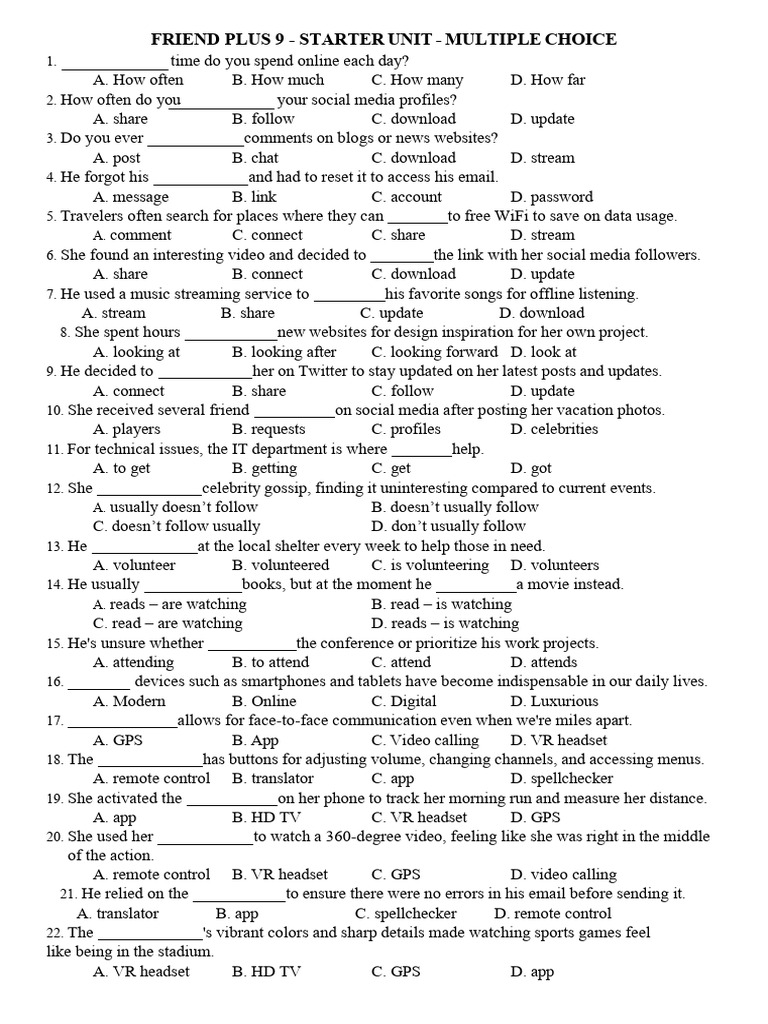 Friends Plus 9 Starter Unit Quiz | PDF | Mobile App