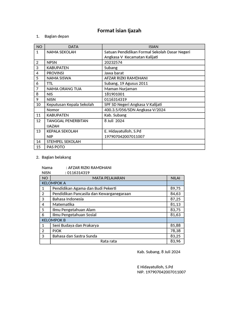 Format Isian Ijazah 2024 | PDF