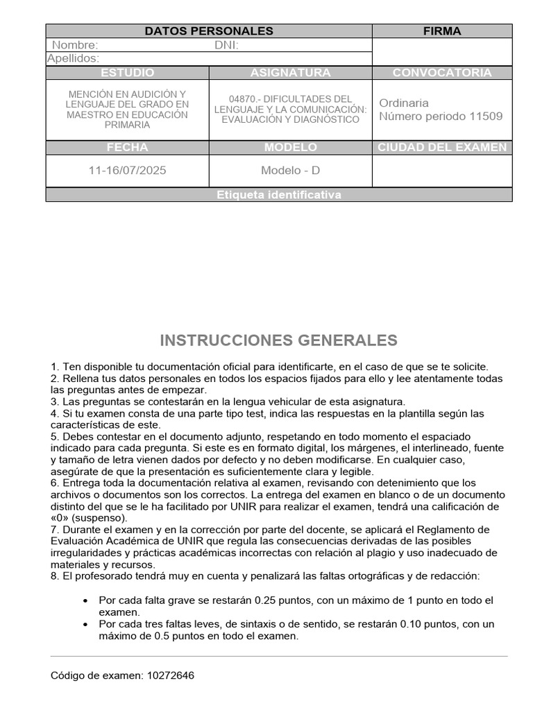 Examen DIFICULTADES de Aprendizaje UNIR | PDF | Maestros | Inclusión (Educación)
