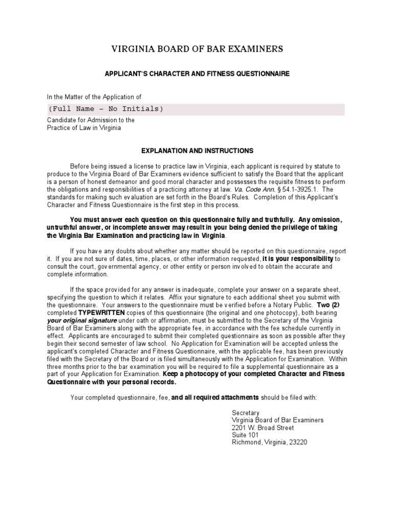 Virginia Bar Character & Fitness Guide | PDF | Loans | Military Discharge